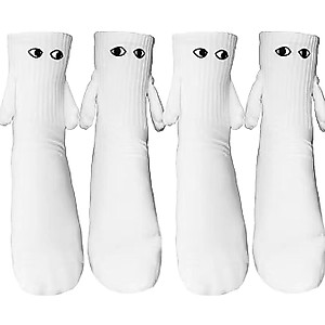 Holding Hands Socks,Funny Couple Magnetic Hand in Hand Mid Tube Socks,Novelty 3D Doll Socks Cute (A-2 Pairs White)