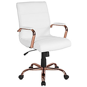Flash Furniture Whitney Mid-Back Desk Chair - White LeatherSoft Executive Swivel Office Chair with Rose Gold Frame - Swivel Arm Chair