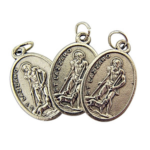 Religious Gifts Silver Toned Base Catholic Saint St Lazzaro Pray for Us Medal, Lot of 3, 1 Inch