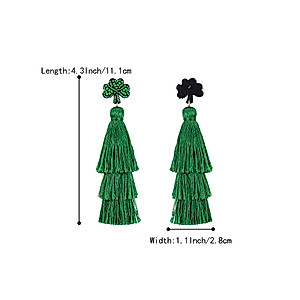 BriLove St Patricks Day Earrings Dangling Beaded Green Shamrock Layered Fringe Thread Chandelier Crystal Dangle Tassel Earrings for Women Emerald Color