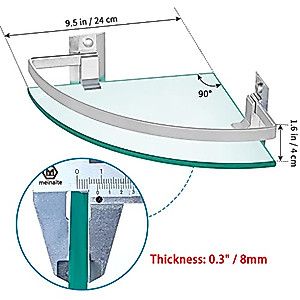 Sanbege 2 Pcs Tempered Glass Corner Shelf with Rail & Brackets, 9.5" x 9.5" Floating Shower Caddy, Wall Mounted Shampoo Holder Organizer for Bathroom, Kitchen, Living Room