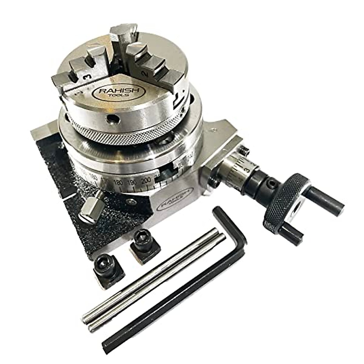 3" inches (75mm) 4 slots Horizontal and Vertical (H/V) Rotary Table with 65mm 3 Jaws Self Centering Chuck with Back Plate and T-nuts for Milling Engineering Tools
