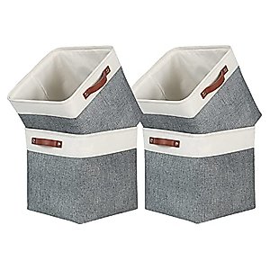 Univivi Fabric Cube Storage Bins 13 x 13 Storage Cube Bins with Hard Bottom and PU Handles Storage Cubes Organizer for Shelf Nursery Home 4 pack（Dark Grey）