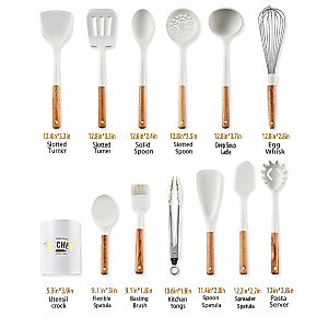 Keidason Silicone Cooking Utensil Set,446°F Heat Resistant 13 Piece Wood Handle For Non-stick Cooking Set (BPA Free) Turner,Tongs,Spatula,Spoon,Brush,Whisk -White