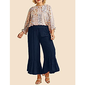 Mundoven Flowy Palazzo Linen Pants for Women Elastic High Waisted Wide Leg Ruffle Ruched Loose Beach Trousers (0004-Blue-XL)
