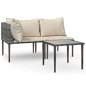 GuyAna 3 Piece Patio Set with Cushions Outdoor Furniture Sets Conversation Sets Patio Furniture Dining Patio Furniture Set Patio Sets Gray Poly Rattan