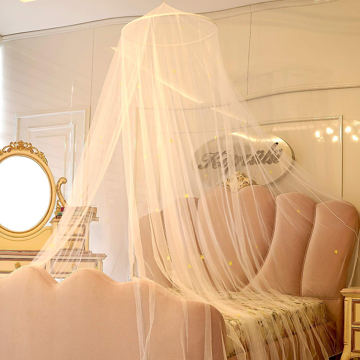 STZ Bed Canopy for Princess Girls Room Decorations with Fluorescent Stars Glow in Dark -Reading Nook for Kids-Canopy Bed Curtains-Hanging Tent-White