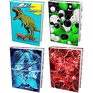 Easy Apply, Reusable Book Covers 4 Pk. Best Jumbo 9x11 Textbook Jackets for Back to School. Stretchable to Fit Most Large Hardcover Books. Perfect Fun, Washable Designs for Girls, Boys, Kids and Teens