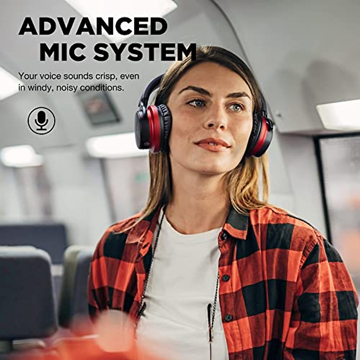PurelySound E7 Active Noise Cancelling Headphones, Wireless Over Ear Bluetooth Headphones, 20H Playtime, Rich Deep Bass, Comfortable Memory Foam Ear Cups for Travel, Home Office - Red