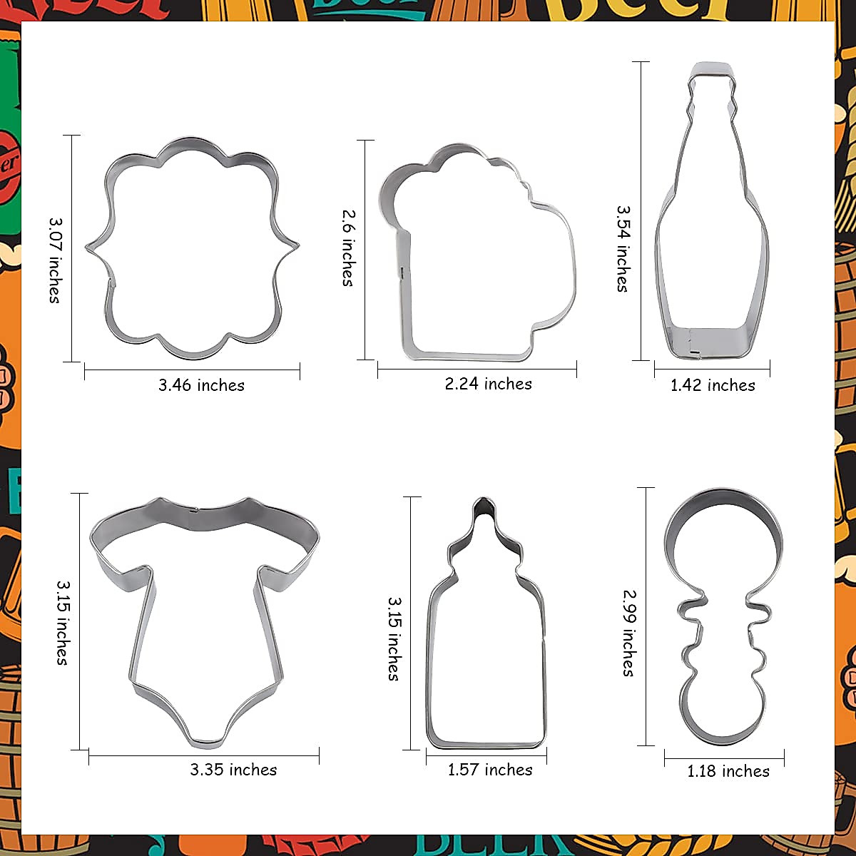 Beer Themed Cookie Cutters Stainless Steel, Baby Brewing Beer Set Beer Mug Bottle Onesie Rattle Baby Bottle Photo Plaques Dough Fondant Biscuit Molds for Baby Shower
