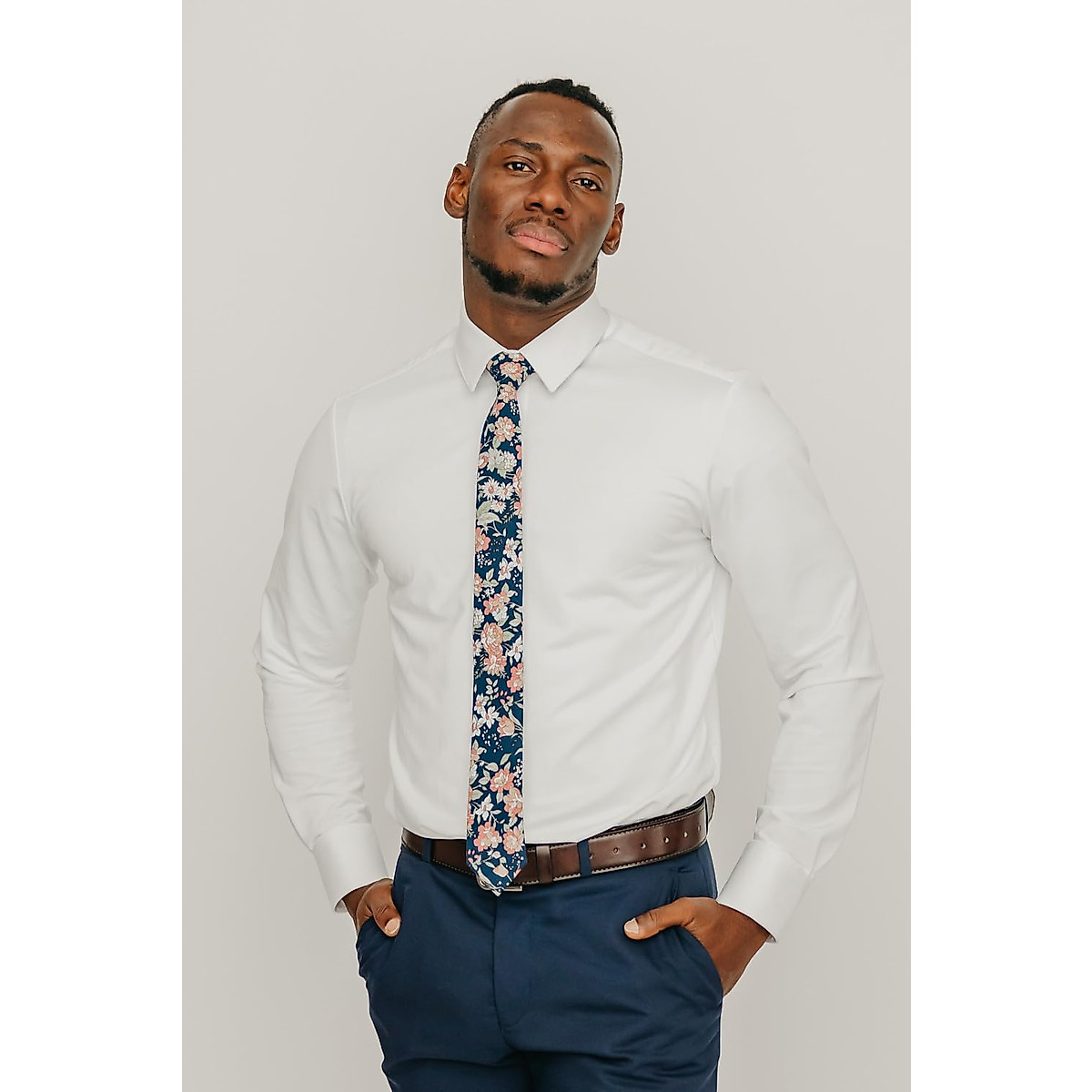 DAZI Men's Skinny Tie Floral Print Cotton Necktie, Great for Weddings, Groom, Groomsmen, Missions, Dances, Gifts. (Lotus)