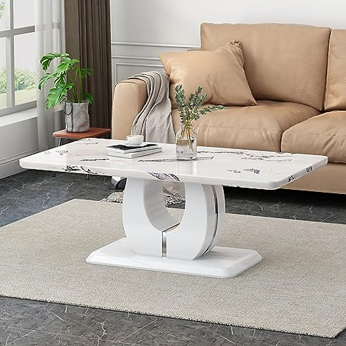 48’’ Modern Faux Marble Dining Table for 8, Large Rectangular Dining Room Table with White O-Shaped Bracket, Minimalist Kitchen Table for Restaurant, Meeting Room, Marble-Inspired Desktop