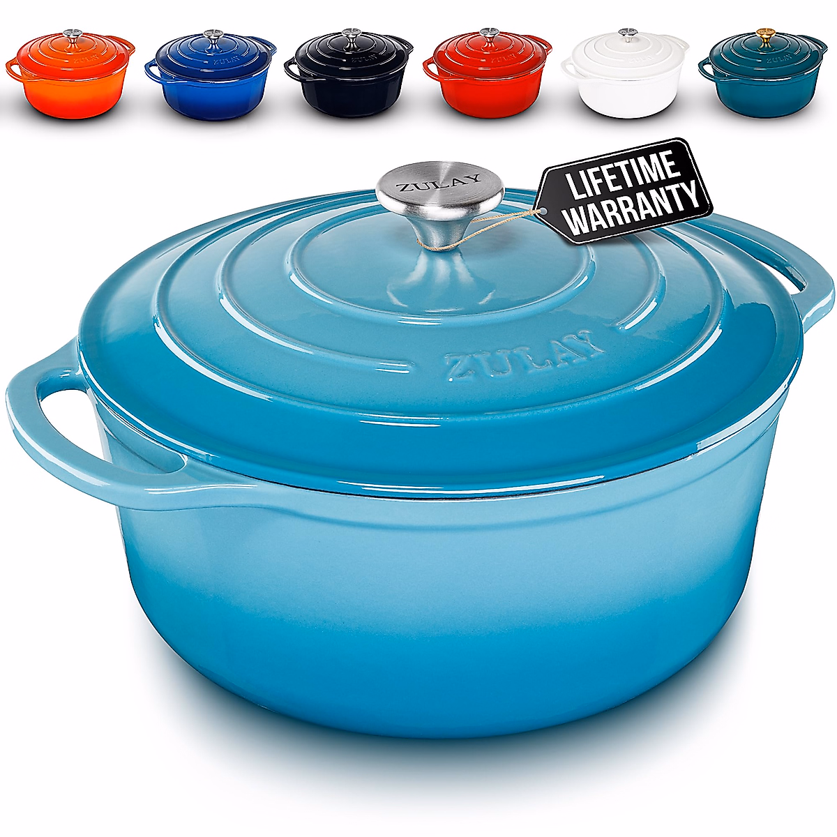 Zulay Kitchen 6 Quart Enameled Cast Iron Dutch Oven with Lid – Premium Durability & Oven Safe up to 500°F – Heavy Duty Cookware Perfect for Bread Baking, Stews, Braising & Roasting – Turquoise