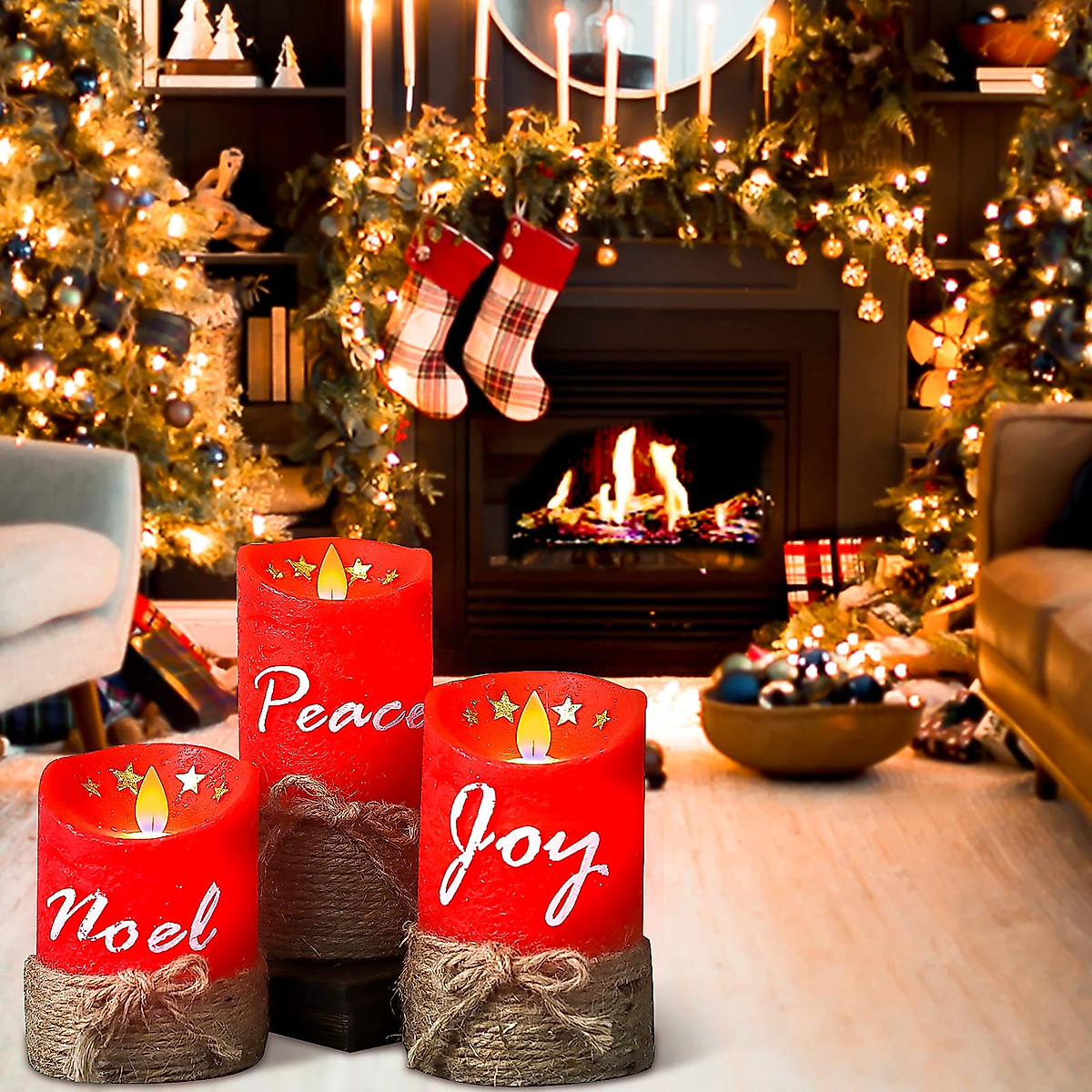 FLAVCHARM Holiday Flameless Candles, Peace Joy Noel with Rope Red LED Flickering Candles Battery Operated with Remote Control, Christmas Decoration for Home, Tablecenter, Bedroom, Bar Party