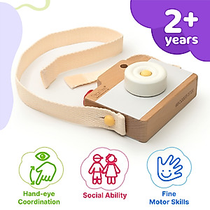 Bimi Boo Wooden Baby Camera Toy- Photographed Props for Pretend Play - Fake Camera for Toddlers 2-3+ Year Olds with Detachable Strap - The Perfect Aesthetic Gift for Kids
