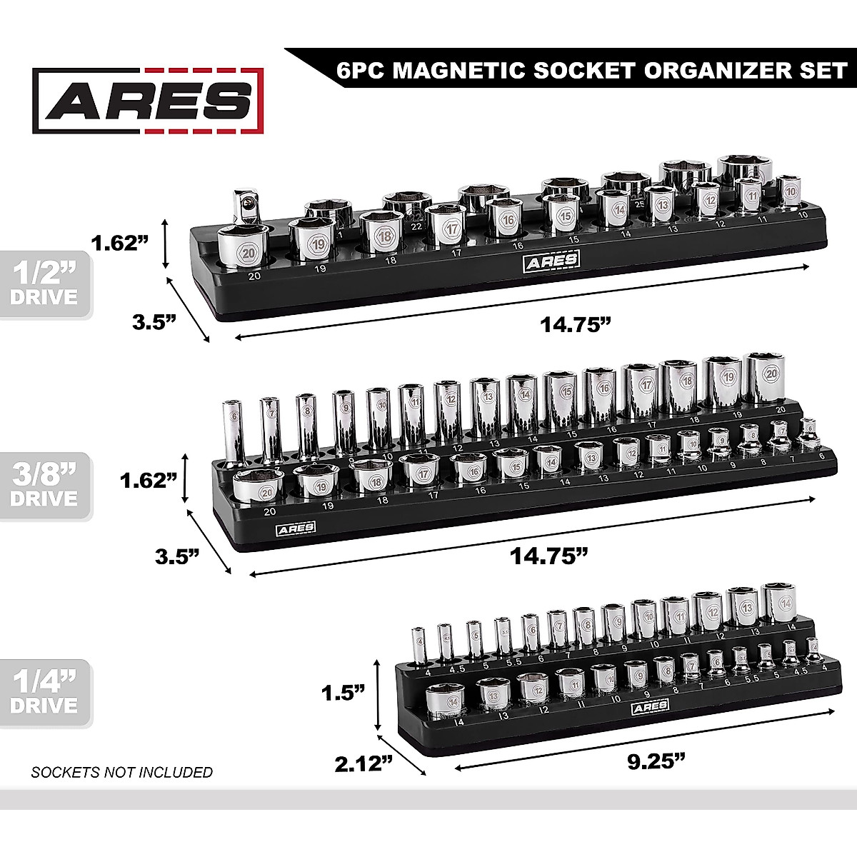 ARES 60160-6-Piece Magnetic Socket Organizers - Metric and SAE Set Black and Green -1/4 in, 3/8 in, 1/2 in Socket Holders -143 Pieces of Standard (Shallow) and Deep Sockets -Organize Your Tool Box