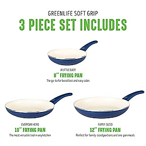 GreenLife Soft Grip Healthy Ceramic Nonstick, 8" 10" and 12" Frying Pan Skillet Set, PFAS-Free, Dishwasher Safe, Blue