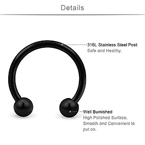 SCERRING 6 Pairs 16G 10mm Stainless Steel Nose Horseshoe Hoop Rings Eyebrow Lip Ear Tragus Cartilage Daith Septum Retainer Body Piercing Jewelry Clear CZ Black