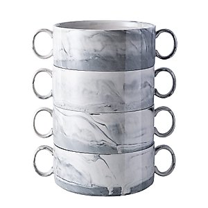 Yundu 26 Ounces Grey Marble Porcelain Bowls with Handles, French Onion Soup Bowls, Microwave and Oven Safe Bowls - Stackable Handled Bowls Set of 4