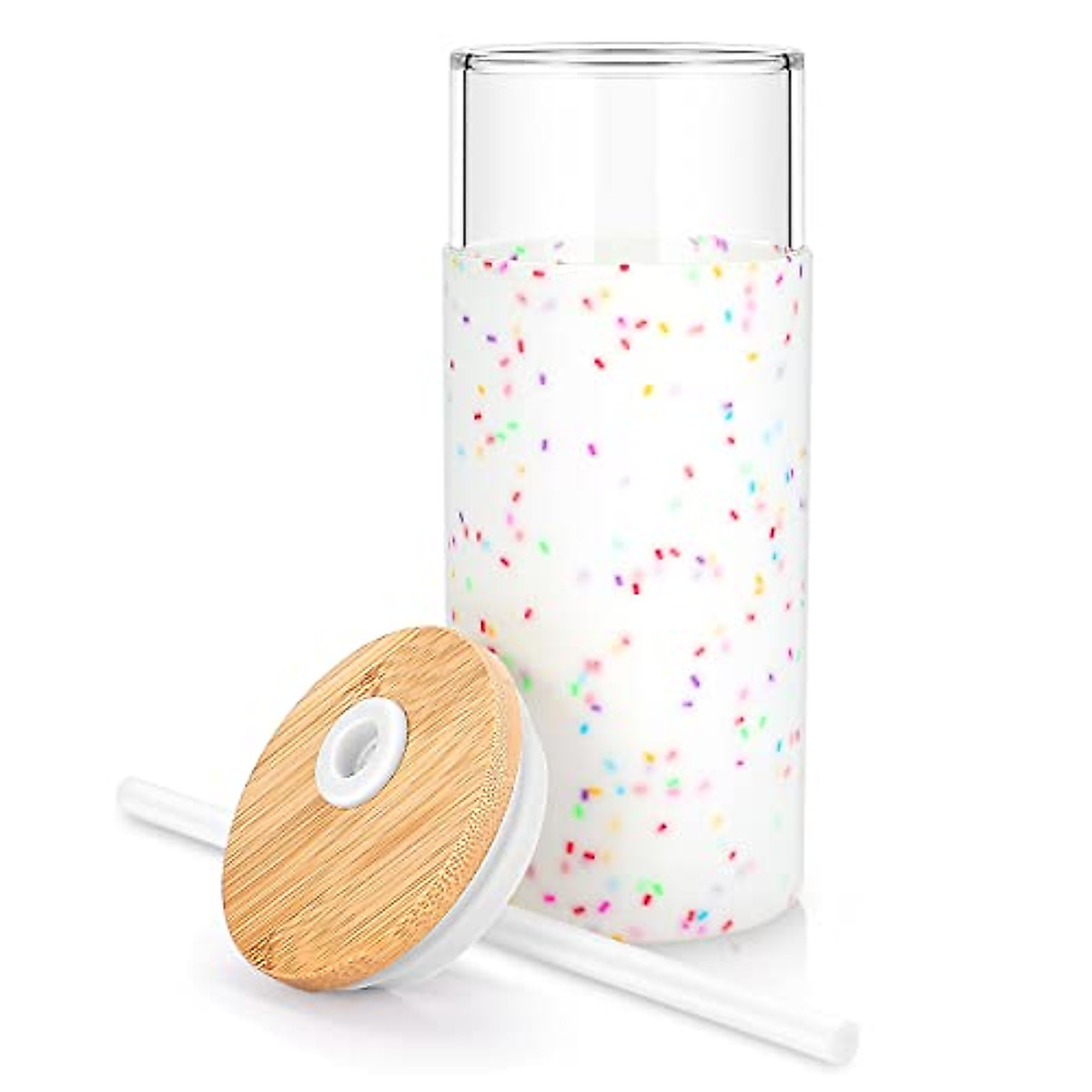 tronco 20 oz Glass Tumbler Glass Water Bottle Straw Silicone Protective Sleeve Bamboo Lid - BPA Free (Colored spots /1pack)