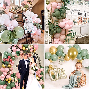 Sage Green Pink Balloons, 50pcs 12 Inch Green and Pink Balloons Olive Green Light Pink Sand White Metallic Gold Balloons for Birthday Decoration Baby Shower Wedding Party Decoration