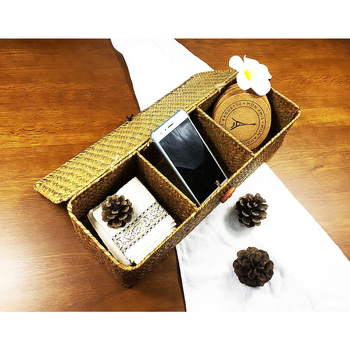 LA NINA 3-Section Rectangular Storage Basket with Lid, Tropical Style, Brown, Water Hyacinth