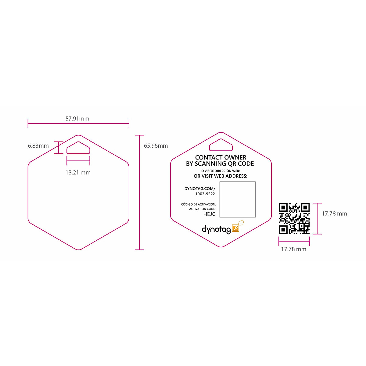 Dynotag® Web Enabled Smart Deluxe Steel Property ID Tag + Steel Ring, with DynoIQ™ & Lifetime Recovery Service. Hexagon (Brown)