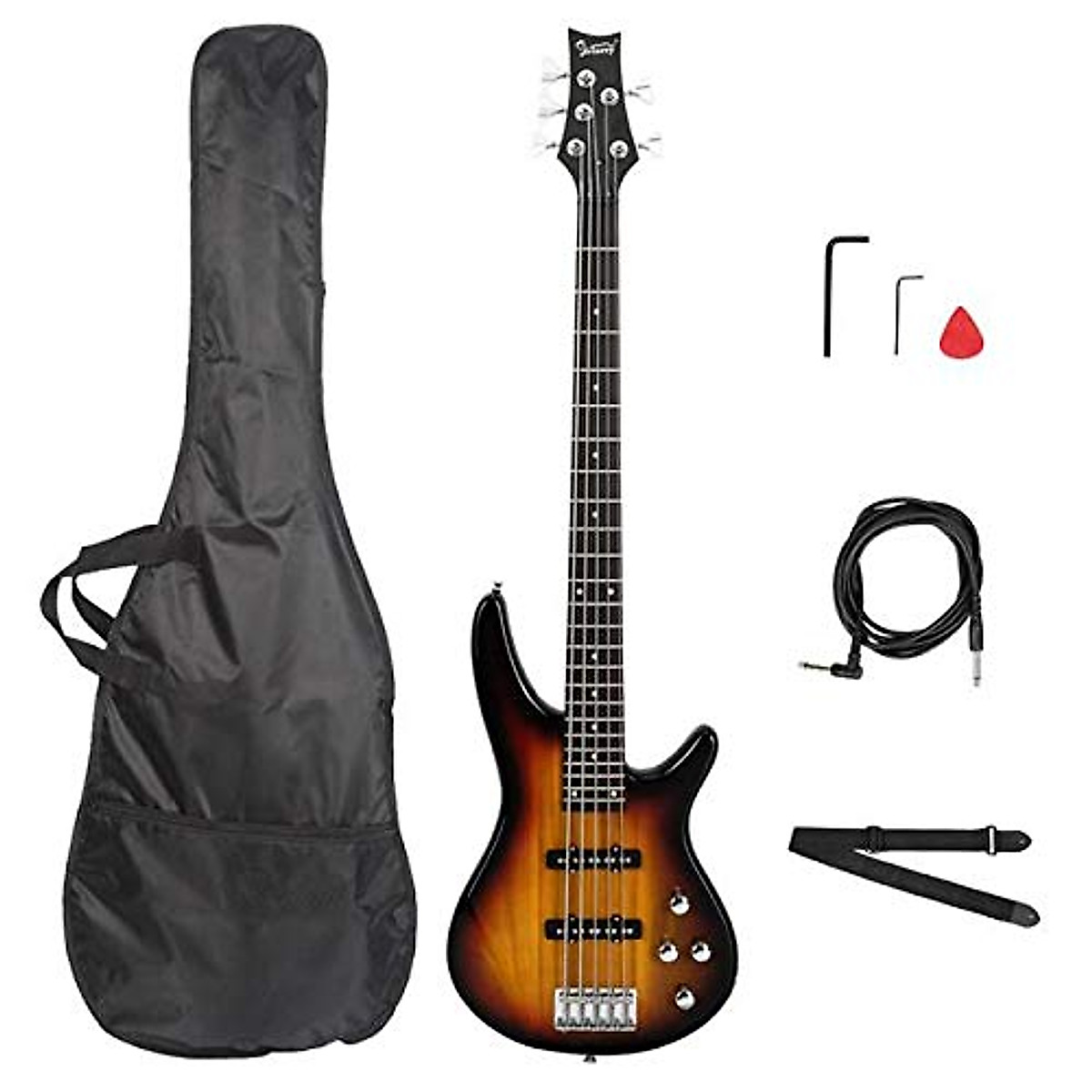 Bass Glarry GIB Electric 5 String Bass Guitar Full Size Bag Strap Pick Connector Wrench Tool Sunset Color