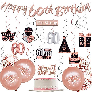 WOJOGO 60th Birthday Decorations Women, Rose Gold & Black Happy 60th Birthday Decorations Kit, Happy 60th Birthday Banner Hanging Swirls Birthday Cake Topper Balloons for Party Supplies