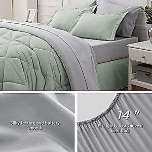 Bedsure Sage Green Queen Comforter Set - 7 Pieces Reversible Bed Set Sage Green Bed in a Bag Queen with Comforters, Sheets, Pillowcases & Shams, Queen Bedding Sets