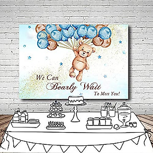 MEHOFOND 7x5ft Bear Boy Baby Shower Backdrop We Can Bearly Wait to Meet You Blue Brown Balloons Gold Glitter Photography Background Party Banner Cake Table Decor Photo Booth Props Supplies
