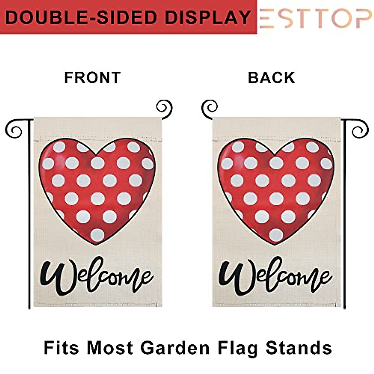 Valentines Day Garden Flag, ESTTOP 12×18 Inch Double Sided Vertical Welcome Potka Dot Heart Yard Flag, Farmhouse Rustic Valentines Day Decor for Outdoor