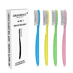 DR PEFECT Extra Hard & Firm Toothbrush BPA Free Large Long Head Whitening Teeth Pack of 4
