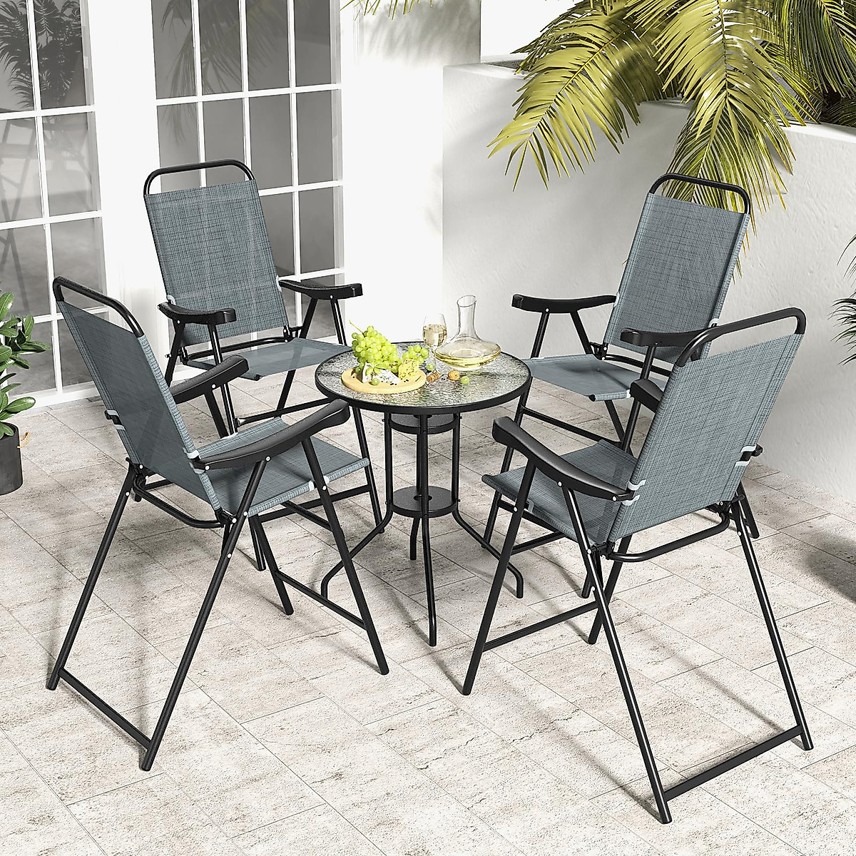 COSTWAY 4 Pieces Patio Folding Bar Chairs, High Top Patio Bar Chair with Metal Frame & Footrest, Outdoor Bar Height Chairs for Balcony, Garden & Poolside, Blue (2, Blue)
