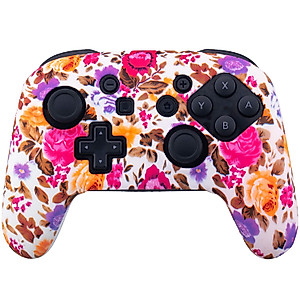 YoRHa Studded Silicone Transfer Print Cover Skin Case ONLY for Nitendo Official Switch Pro Controller x 1(Flowers) with Pro Thumb Grips x 8