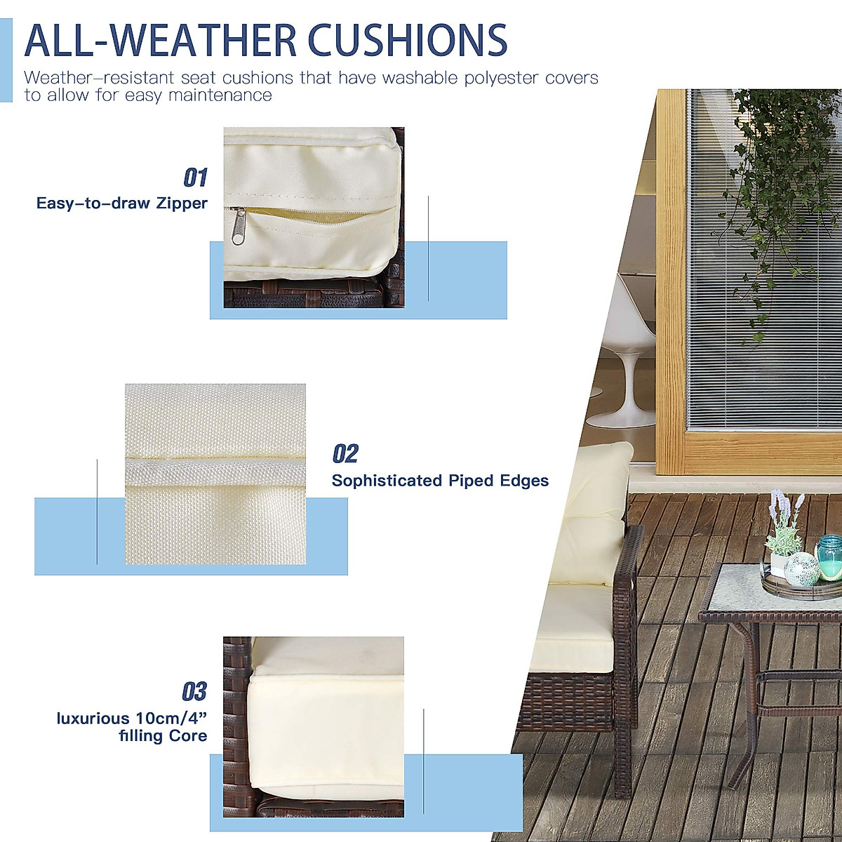 Outsunny 5-Piece PE Wicker Patio Furniture Set, Conversation Set with Outdoor Ottomans, Table & Chairs, Small Balcony Furniture for Apartments, Steel, Cream White