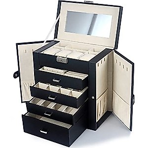 Kendal Large Black Leather Jewelry Box with Lock and Key, 5-Layer Watch Jewelry Organizer for Men with Mirror, Jewelry Storage, Jewelry Case, Bracelets Necklace Holder, Valentine GiftS for Women