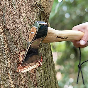 Berry&Bird Camping Axe, 12.5’’ Small Axe Hatchet with Wooden Short Handle & Leather Sheath Mini Hand Axes for Cutting & Splitting Forged Carbon Steel Blade Outdoor Manual Tool