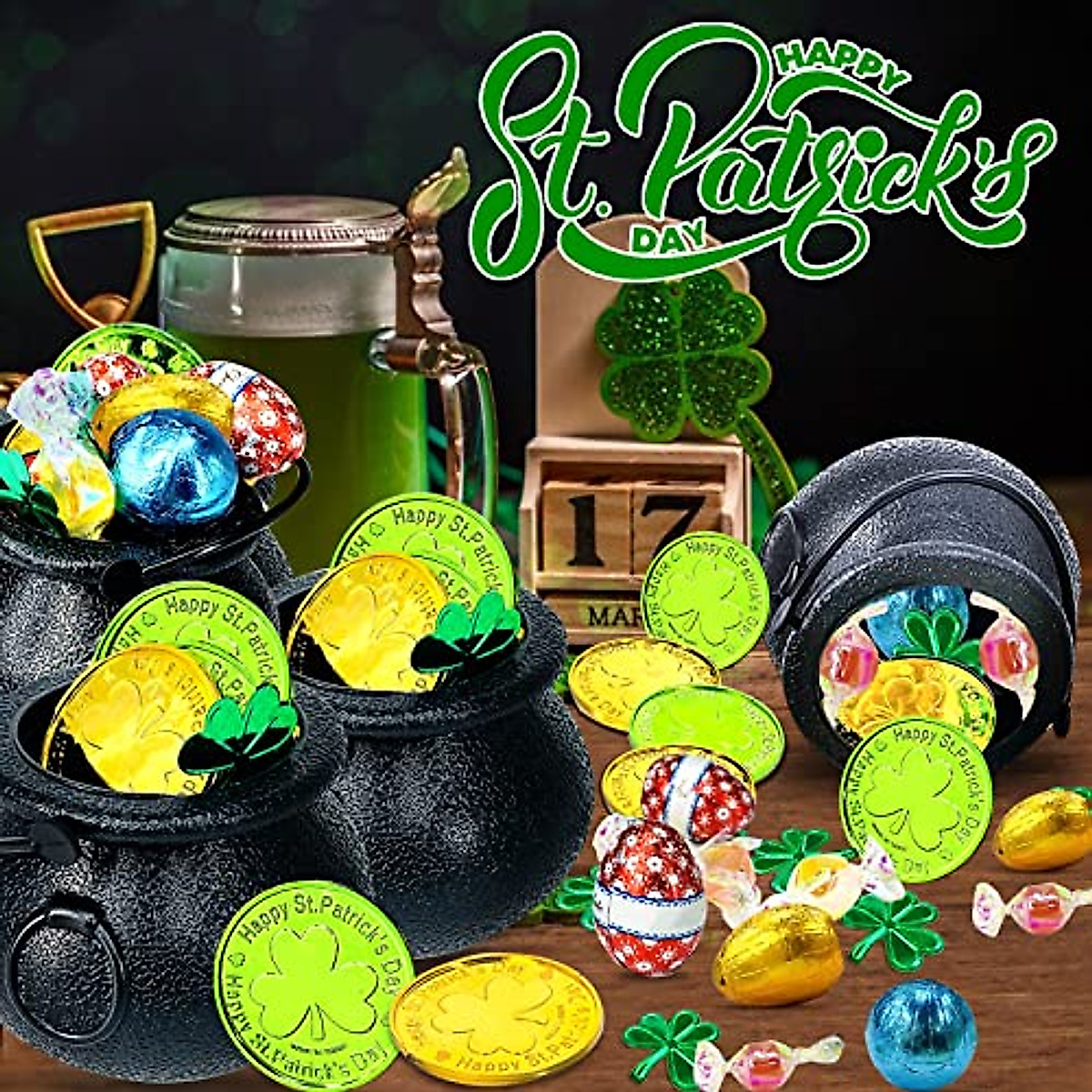 TURNMEON St Patricks Day Pot of Gold, 6 Candy Cauldron Kettles with 72 Plastic Shamrocks Gold Coins 138 Clover Confetti Party Decorations Supplies for Saint Patricks Day Table Home Indoor Decor