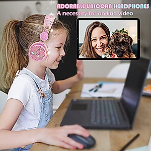 SVYHUOK Unicorn Bluetooth Headphones for Kids Girls, Pink Cat Ear Wireless Headset with Microphone, Safe Volume Limited 85db POM Over-Ear Headset HD with Mic for School/Tablet/Birthday Xmas Gift