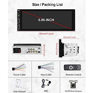 Single Din Touchscreen Car Stereo with Wireless Apple CarPlay, Rimoody 6.86" 1 Din Car Radio with with Android Auto Bluetooth FM Radio EQ Mirror Link Car mp5 Player TF/USB Rear View Camera