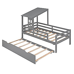 OPTOUGH Twin Size Low Loft Bed with Trundle,Wooden House Bed w/Roof and Window Design for Kids Teens Bedroom,Grey