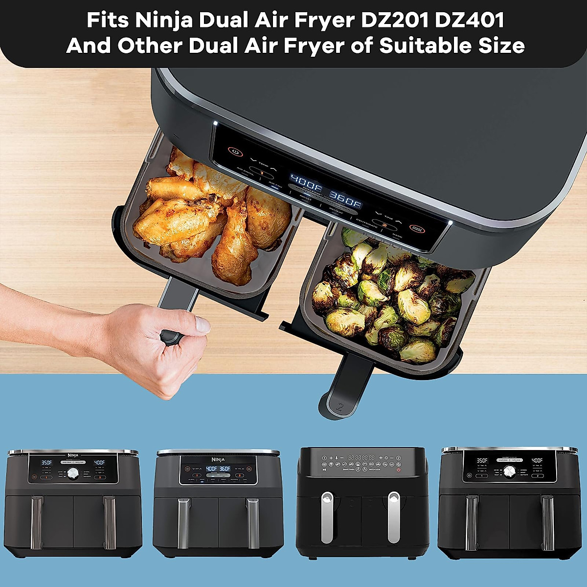 2 Pcs Silicone Air Fryer Liners for Ninja Foodi DZ201 DZ401 6-in-1 8-10QT, Air Fryer Accessories for Ninja Instant Vortex Plus, Reusable Air Fryer Liner, Non-Stick | Easy Cleaning