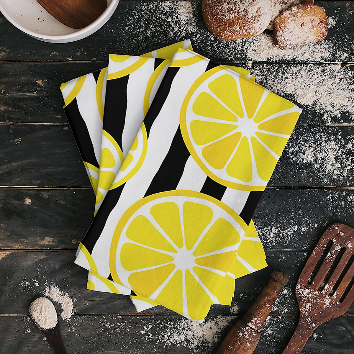 Zadaling Kitchen Towels,Yellow Summer Lemon Black White Stripe 16x28 Inches Soft Kitchen Dish Cloth,Cotton Tea Towels/Bar Towels/Hand Towels,(2 Pack)