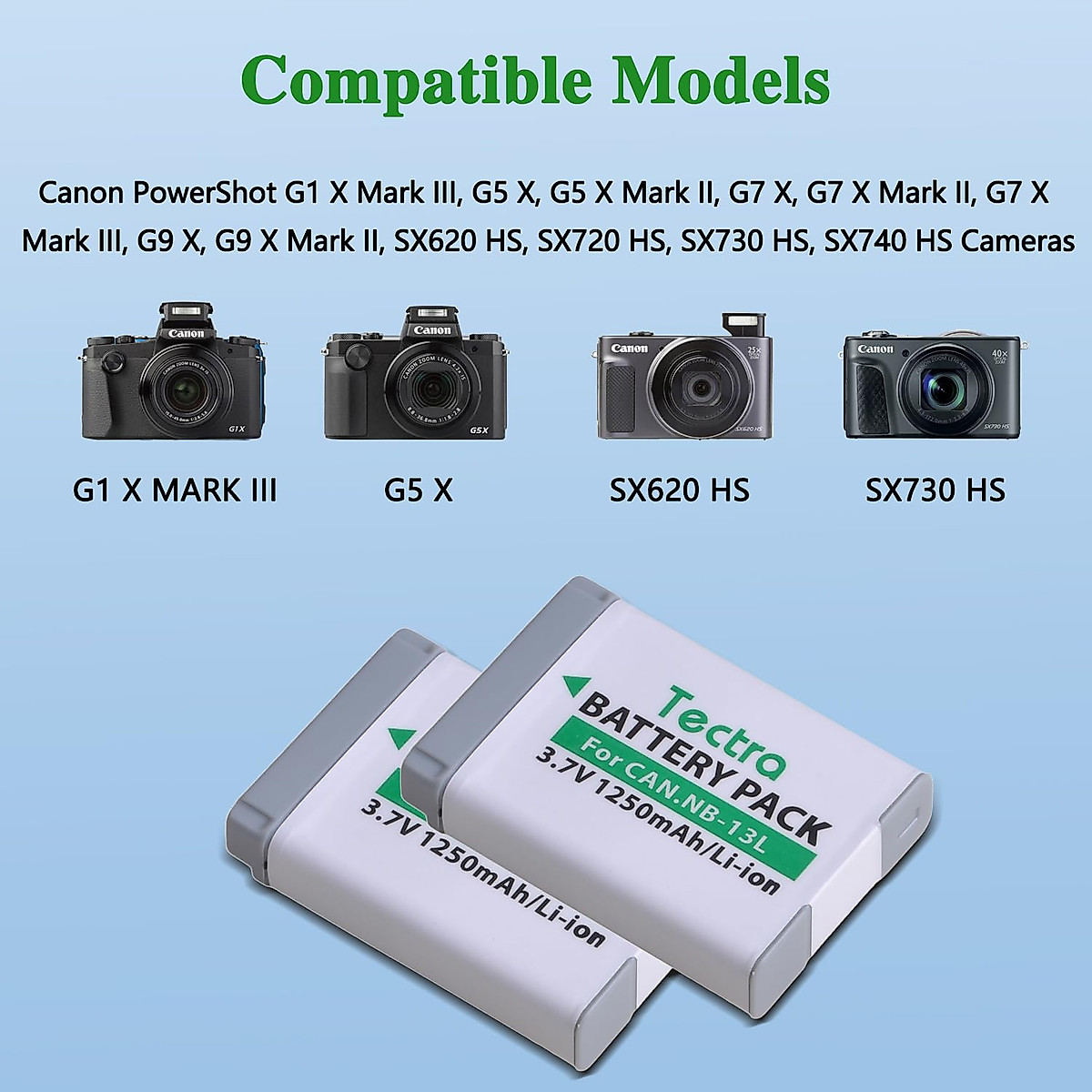 Tectra Dual NB-13L Battery & LED 3-Slot Charger for Canon Powershot G7 X, G5 X, G9 X, SX620 & SX720