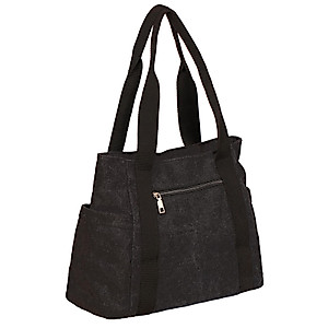 YHSHYZH Black Tote Bags for Women, Canvas Work Bags, Medium Beach Bag with Zipper, Teacher Shoulder Bag, Everything Purses for Women Gifts Trendy (Medium, Black) …