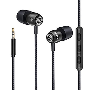 LUDOS Clamor Wired Earbuds in Ear, Noise Isolating Headphones with Microphone, 3.5mm Jack Plug, Mic and Volume Control, Memory Foam, Deep Bass, Tangle-Free Cord - Black