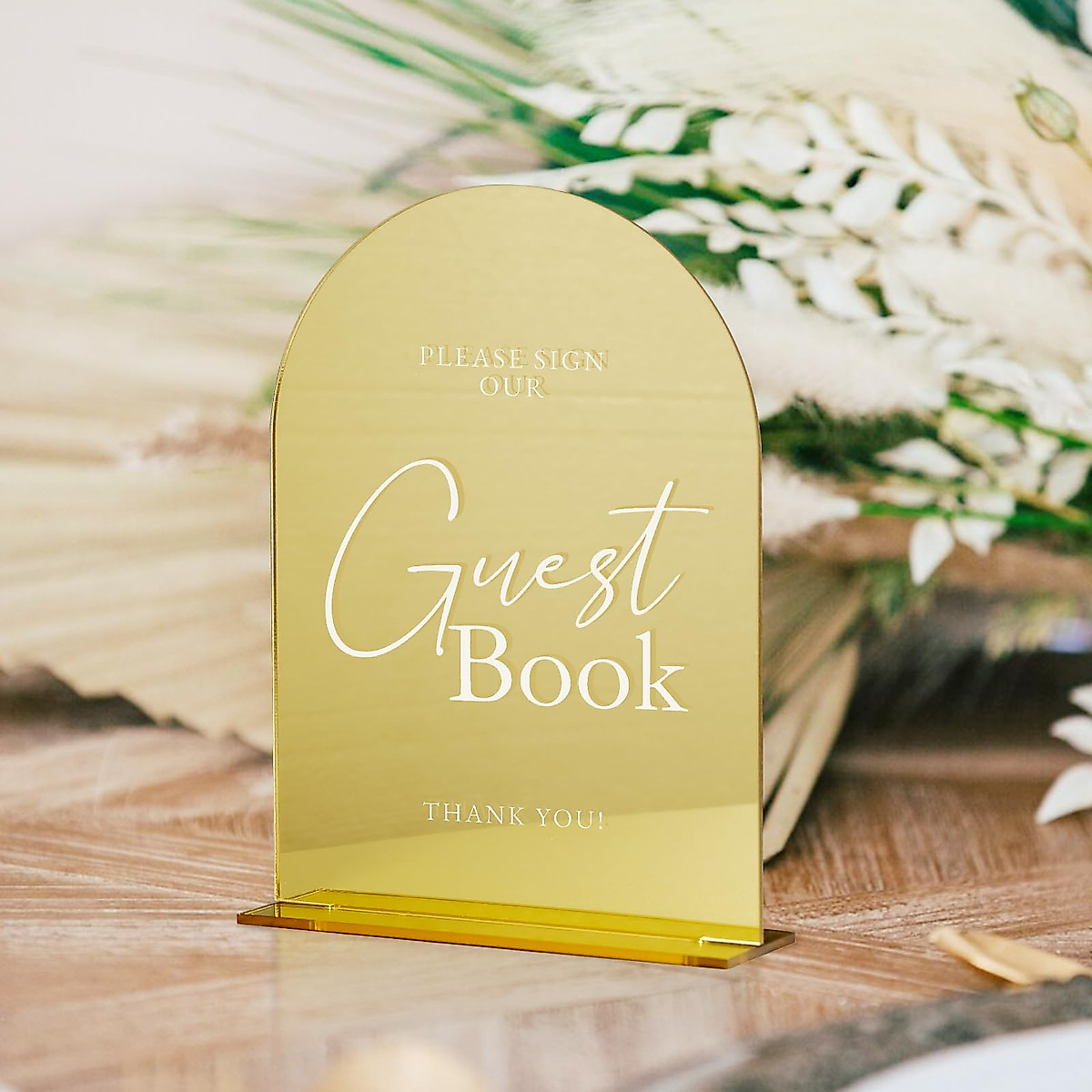 Acrylic Wedding Sign with Stand- 5"x7" Gold Mirror Arch Acrylic Guest Book Sign and Base,1/8" Thick | Modern Calligraphy White Lettering Acrylic Arch Sign for Wedding Reception & Party
