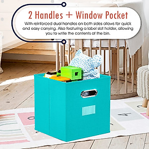 Ornavo Home Foldable Storage Bins Basket Cube Organizer with Dual Handles and Window Pocket - 6 Pack - 12" L x 12" W x 12" H - Teal