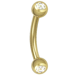 Forbidden Body Jewelry 16g 8mm Daith Earring, Eyebrow Ring and Rook Piercing, Gold IP Plated Clear CZ Crystal Barbell